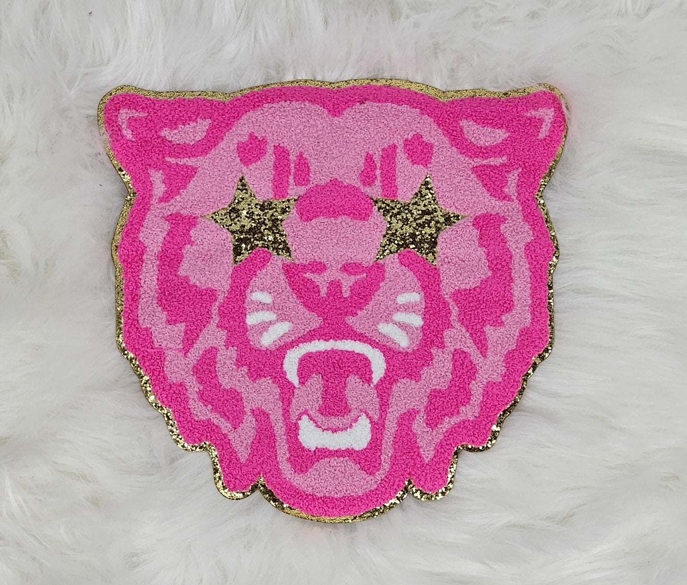Preppy Hot Pink Wildcat Cougar Mascot with Star Eyes Large Chenille Iron-on Patch – Scratch Decor